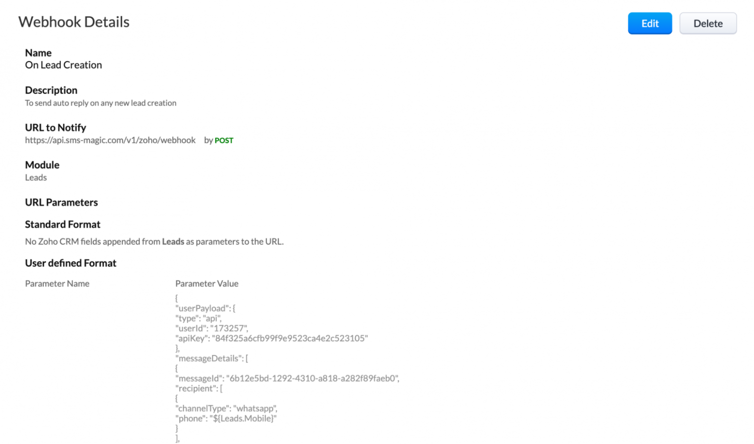 Create Webhooks - SMS-Magic Zoho Documentation